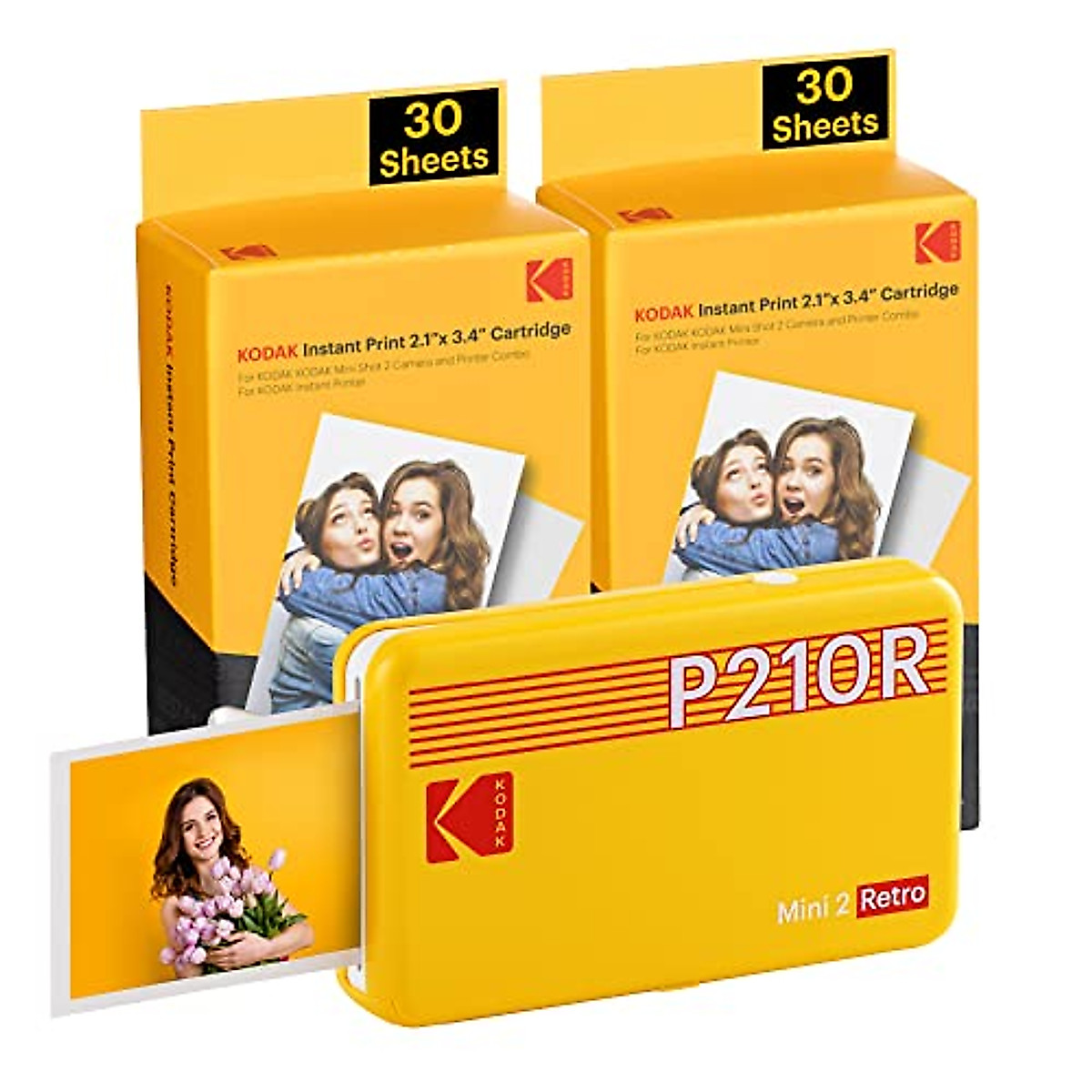 KODAK Mini 2 Retro 4PASS Portable Photo Printer (2.1x3.4 inches) + 68 Sheets Bundle, Yellow