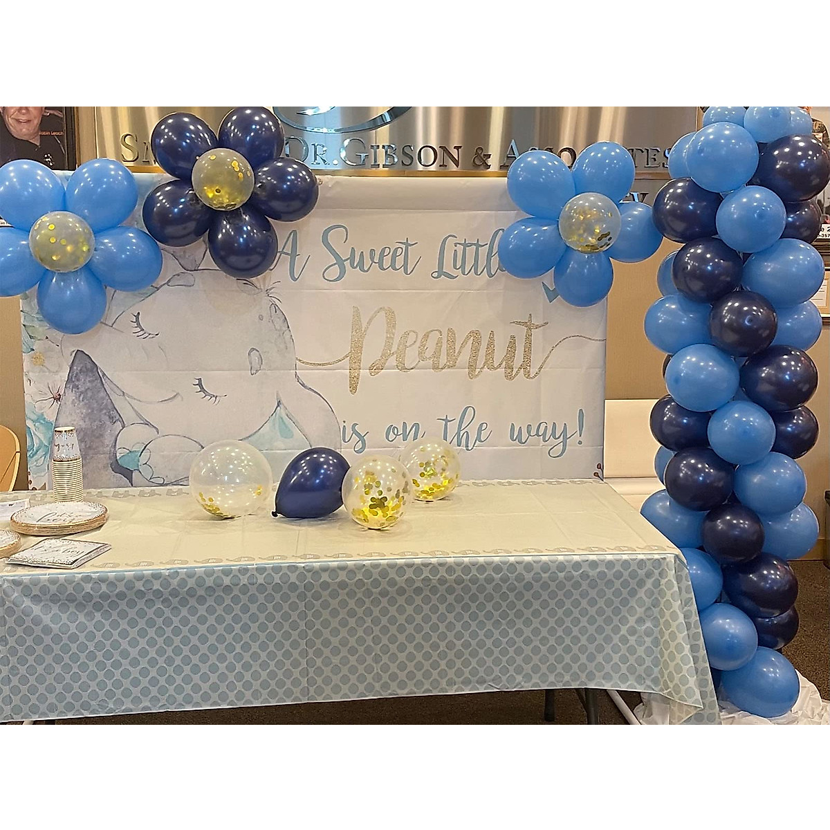 Avezano Boy Elephant Baby Shower Backdrop Blue Floral Rpse Jungle Elephant Baby Shower Background Vinyl Blue and Gold Elephant Baby Shower Party Decorations Backdrops for Boys (8x6)