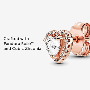 PANDORA Sparkling Elevated Heart Stud Earrings - Stackable Earrings for Women - Great Gift for Her - 14k Rose Gold & Cubic Zirconia