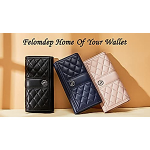 Felomdep Womens Wallet Medium Size Trifold Rfid Blocking Soft PU Leather Large Capacity Long Pink Shopping Wallet For Lady Travel Document Accessories Holder For Passport,Credit Card,Vaccine Card etc