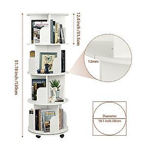 ybaymy Rotating Bookshelf 4 Tier 360° Revolving Bookcase 51"x18" Modern Floor Standing Storage Display Book Shelf Stackable Shelves for Adult Bedroom Home Living Room Study Office(with Brake Wheels)