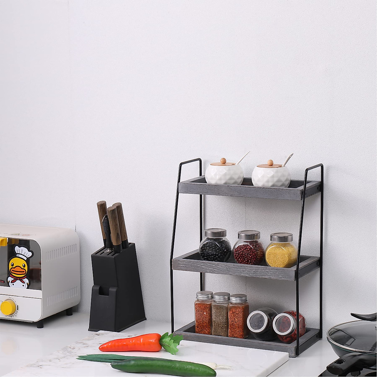 3-Tier Wood Storage Organizer for Restroom ＆ Kitchen ＆ Coffee Bar, Bathroom Sink Organizer Countertop, Bathroom Vanity Counter Top Organizers, Spice, Skincare, Perfume Rack, Detachable - Black