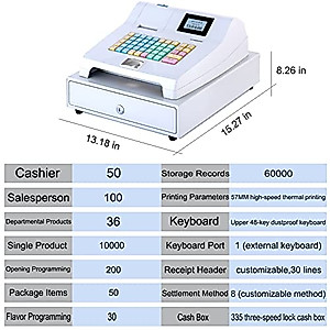 Pos System Cash Register,48-Keys LED Display Electronic Cash Register with Removable Cash Tray and Thermal Printer,Multifunction Cash Register for Small Business/Retail/Restaurant