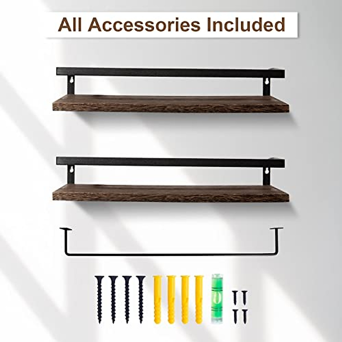 AGM Floating Shelves, Bathroom Floating Shelf Set of 2, Carbonized Black Wall Storage Shelf with Towel Bar, Wall Mounted Shelves for Plants, Book, Bathroom, Bedroom, Kitchen, Living Room Decoration