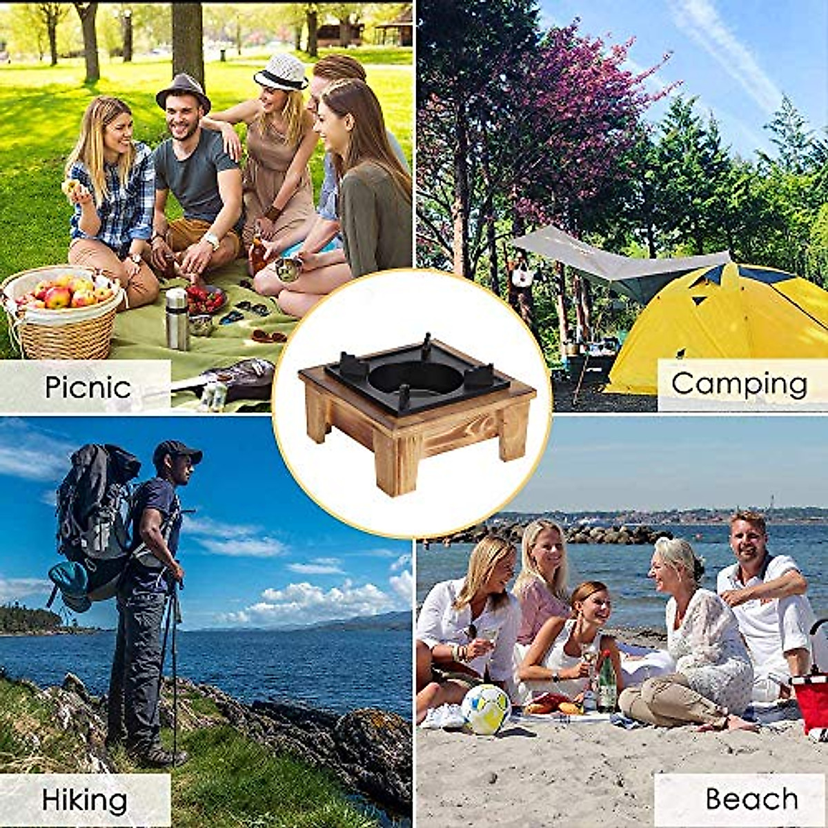 BHDD Barbecue Stove, Portable Tabletop Korean BBQ Grill Camp Griddle Hot Pot Stove Camping Alcohol Stove Griddle Hibachi Grill Indoor Furnace Kitchenware, with Wooden Shelf, for Outdoor Picnic