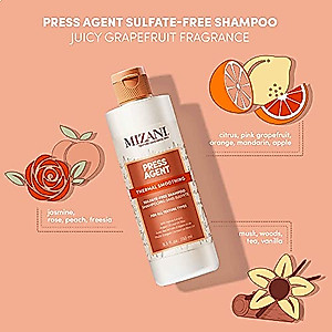 Mizani Press Agent Thermal Smoothing Sulfate-Free Shampoo, Pink Grapefruit, juciy Mandarin with a floral medley of Jasmine, Rose & Freesia, ending on notes of Musk & Wood., 8.5 fl. oz