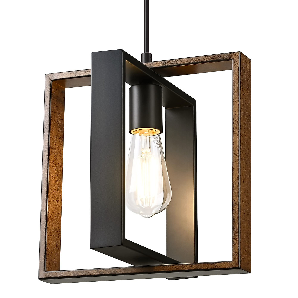 EDISHINE Farmhouse Pendant Light Fixture, Rustic Hanging Light Fixture with Wood Grain and Black Finish, Pendant Lighting for Kitchen Island, Dining Room, Hallway, Adjustable Cord, cULus Listed