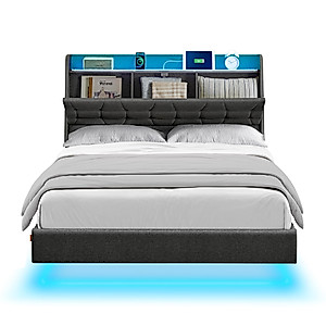VASAGLE Full Size Floating Bed Frame with LED Lights, Full Bed Frame with Charging Station, Tufted Storage Headboard, Upholstered Platform Bed Frame, No Box Spring Needed, Dark Gray URMB852G71