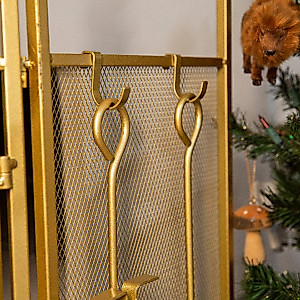 Barton 48" Fireplace Screen 3-Panel Folding Magnetic Doors with 4-Pieces Fire Place Tools Set Steel Fire Spark Guard, Gold