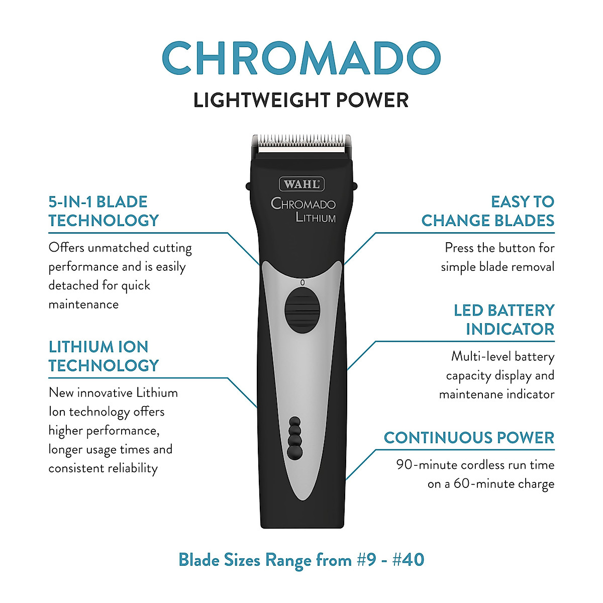 Wahl Professional Animal Chromado Lithium Pet, Dog, Cat & Horse Corded/Cordless Clipper Kit (#41871-0434) - Dog, Cat & Horse Grooming Supplies - Cord/Cordless - Pet Clippers - Black & Silver