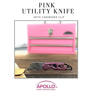 Apollo Tools Foldable Utility Knife with Lightweight Steel Construction, Carabiner Clip, Quick Blade Change Technology, Lock Feature. Accommodates Standard Blades - Pink Ribbon - Pink - DT5017P