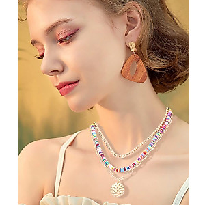 XOCARTIGE Clay Bead Necklace, Colorful Surfer Heishi Beaded Choker Necklace for Women, Stackable Ball Necklace Layered Paperclip Link Chain Necklaces Summer Beach Jewelry Set (Multicolor)