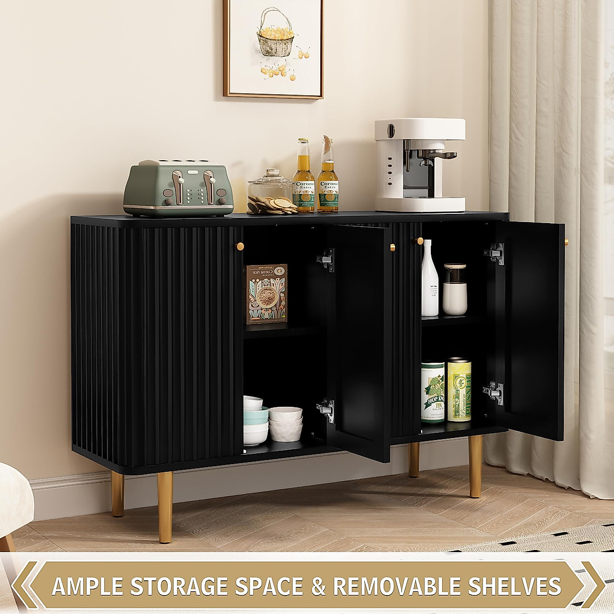 HLR Sideboard Buffet Cabinet, 48" Modern Accent Cabinet with 4 Door and Removable Shelves, Credenza Entryway Cabinet with Storage for Living Room, Dinning Room, Black