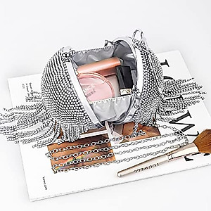 Women Evening Purses, Small Round Ball Crystal Tassel Clutch Bag, Rhinestone Lady Party Wedding Crossbody Shoulder Ring Handle Handbag (Silver)