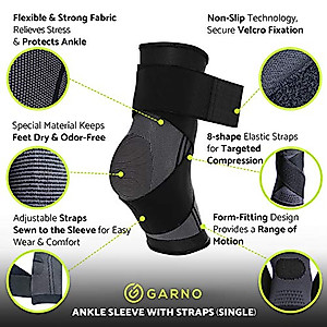 GARNO Ankle Brace Compression Sleeve with Adjustable Straps, Arch Support & Foot Stabilizer, Elastic Wrap for Plantar Fasciitis, Achilles Tendonitis Recovery, Sports Bandage Sock; Men, Women