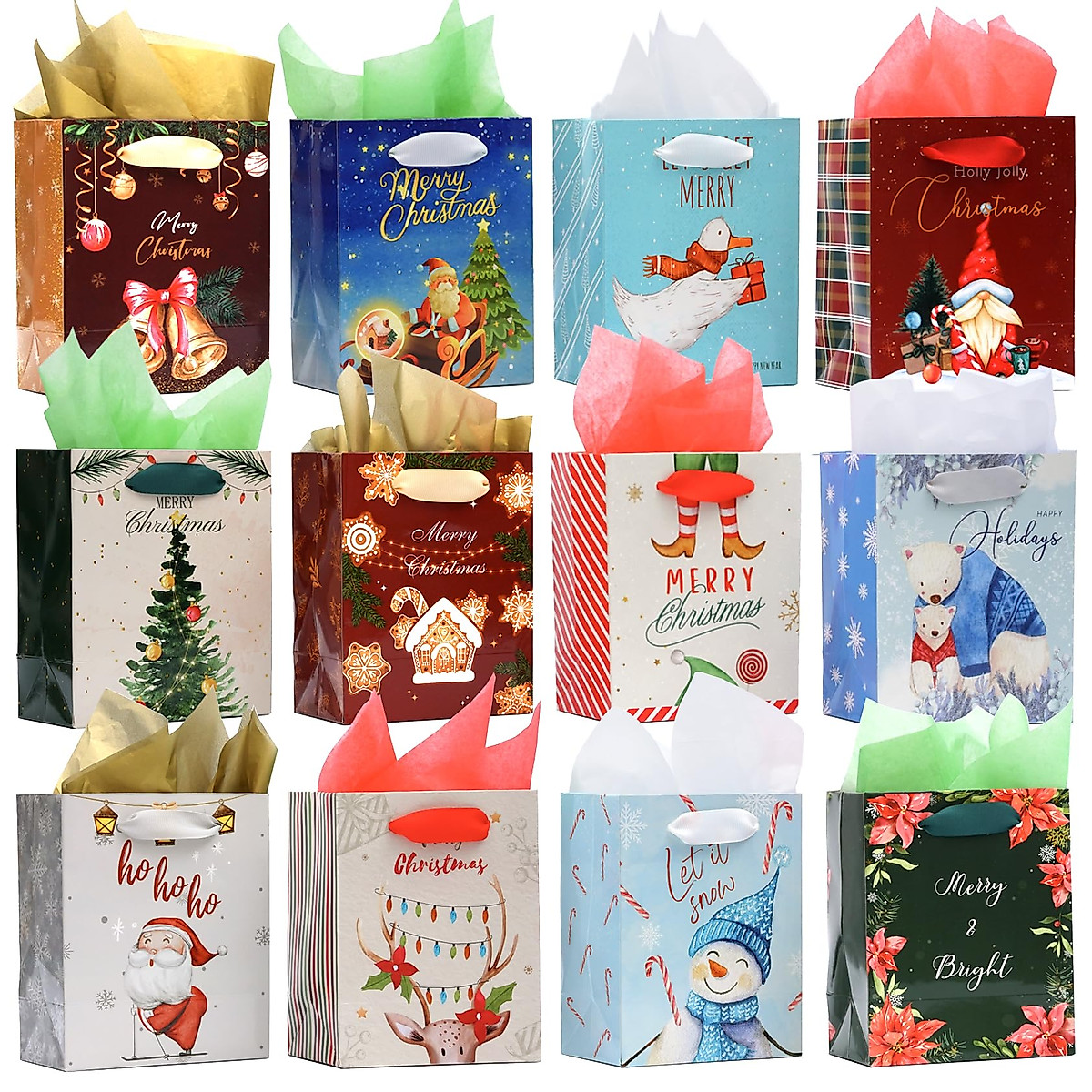 Nihuecne 12 Pack Christmas Gift Bags with Tissue Paper, 6" Small Holiday Gift Bags with Handles for Christmas, Holiday Party,12 Designs (5 x 6.25 x 2.9 In)