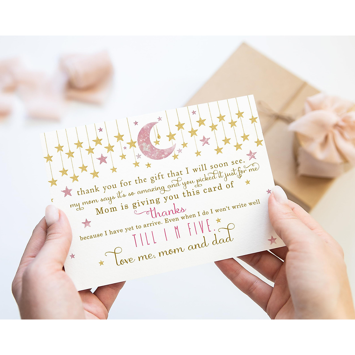 25 Twinkle Little Star Baby Thank You Cards Pack – Girls Baby Shower Notes with Envelopes Set, Prefilled Message, Customizable and Personalize Blank Stationery Pink and Gold, New Parents Gift Ideas