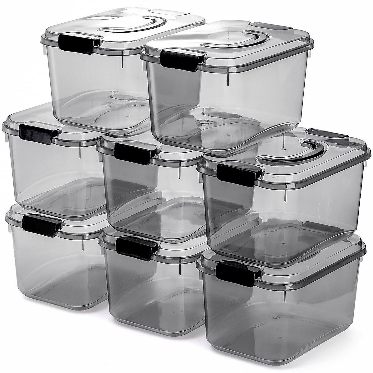 Elsjoy Set of 8 Plastic Storage Bins with Lid & Handle, 5.5 Quart Clear Storage Container Lidded Latch Box, Stackable Organizer Bins for Home, Closet, Shelf, Transparent Black