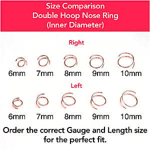 Solid 14k Yellow Gold Double Hoop Nose Ring for Women and Men - Hypoallergenic Spiral Nose Jewelry for Single Piercing - Handmade in USA -20 Gauge 8mm Left