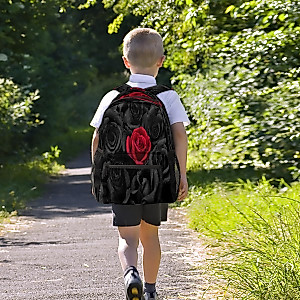 DOHOATU Kids Backpacks, Large 18 Inch Rose Bookbag Black and Red Roses Shoulder School Bags for Boy Girl Computer Hiking Gym Travel Casual Travel Daypack