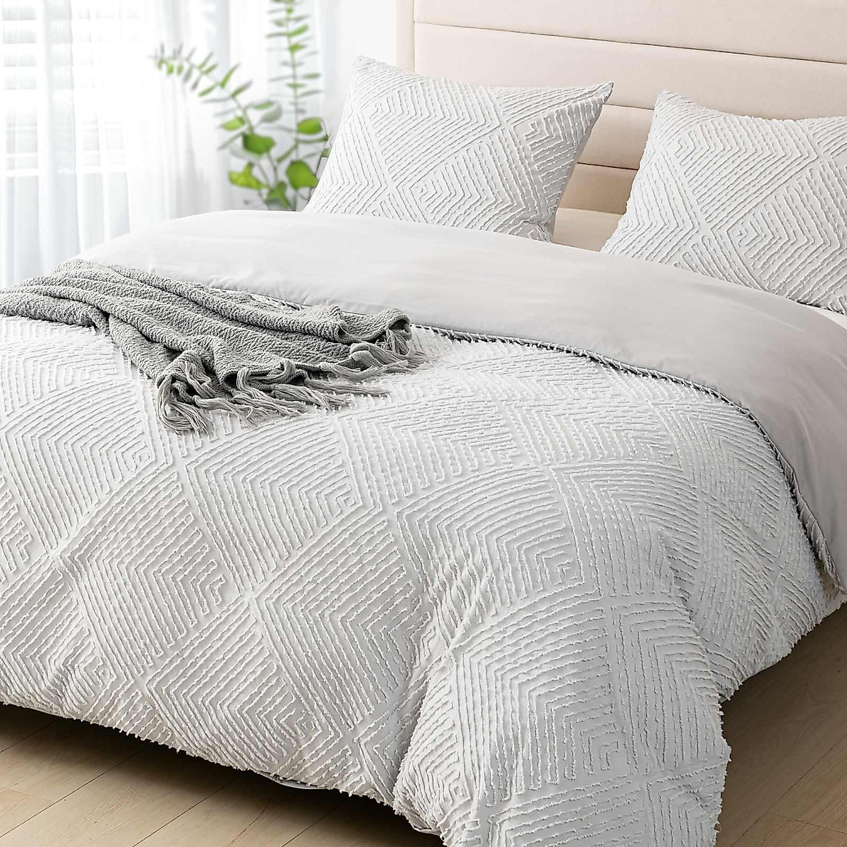 Breathable & Soft King Duvet Cover Set with Zipper-Grey Striped Textured 3 Pieces Bed Comforter Cover Set-Lightweight Tufted Set with 2 Pillow Shams