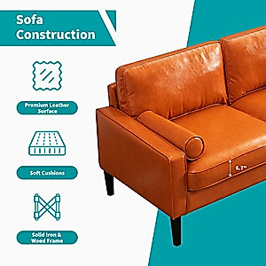 BALUS Faux Leather Sofa Couch | L Shaped Mid-Century Couch with Bolster Pillows | Chaise Lounge Indoor | Cognac Tan Sectional Furniture for Living Room Apartment