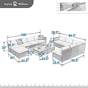 Sophia & William Outdoor Patio Furniture Set 12 Piece Low-Back Rattan Wicker Sectional Sofa Patio Conversation Set, Navy Blue