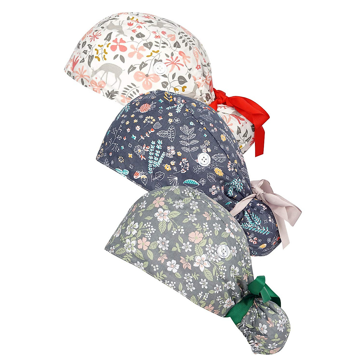 FADACHY Scrub Caps Women, Ponytail Holder Working Cap with Buttons Ribbon Tie Scrub Hats Nurse Cap, Long Hair