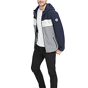 Tommy Hilfiger Men's Hooded Polar Fleece Jacket, Navy/White/Light Grey, Large