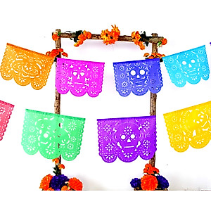 Papel Picado Banner Dia de Los Muertos, Day of The Dead Tissue Paper Garlands, Mexican Party Decorations 5 Pack|83feet|Large Fancy Cut Out Design