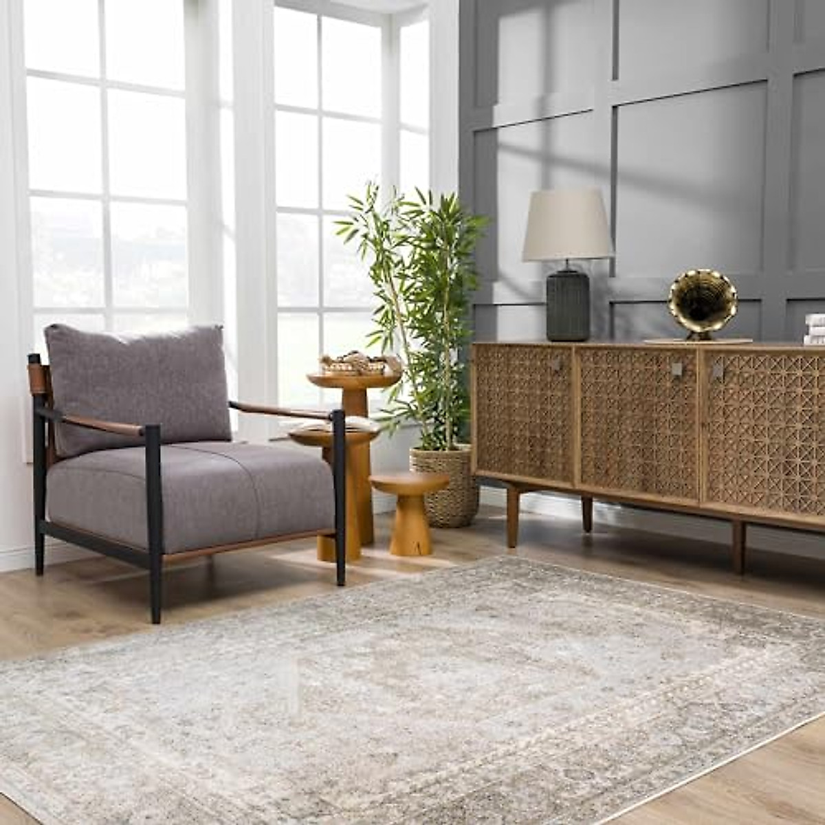 BoutiqueRugs Gael Farmhouse Area Rug - Machine Washable - Olive, Light Blue, Tan - 6'7" x 9'