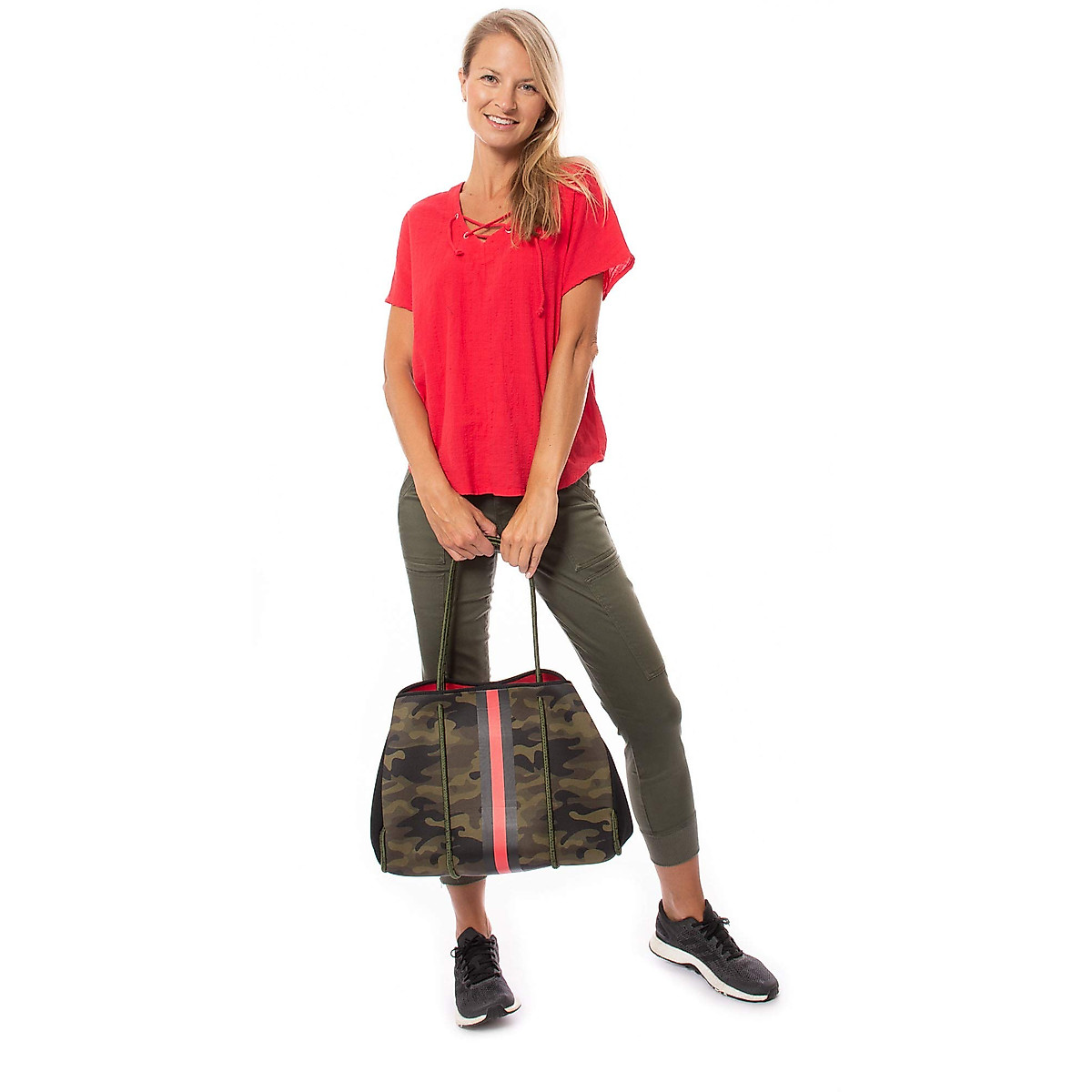 Haute Shore - Greyson Brat2 Neoprene Tote Bag w/Zipper Wristlet Inside (Greyson, Camo Gren w/Black & Red Stripe)