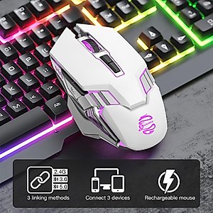 White Wireless Gaming Mouse Bluetooth Mouse with 3-Modes(BT5.0+BT3.0+2.4GHz), Rechargeable, RGB Backlit, Silent Click Computer Mouse for Laptop, PC, Macbook, iPad, Tablet, Chromebook, Games, Office