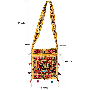 Tribe Azure Hobo Cross Body Elephant Messenger Shoulder Bag Mirror Embroidered Roomy Women Purse Tote Colorful Casual Everyday Hippie Boho (Mustard)