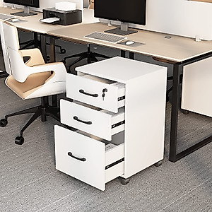 YQ JENMW 3 Drawers File Cabinet, Rolling Mobile Vertical Filing Cabinet with Lock, Wood Under Desk File Cabinet with Wheels for Supplies Files, and Materials,Mobile File Cabinet for Home Office,White