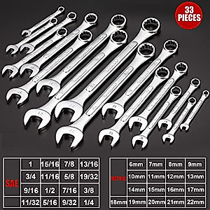ROCHOOF Combination Wrench Set,33-Piece Chrome Vanadium Steel Wrench Set 12-Point SAE & Metric Wrenches 1/4"-1" and 6-22mm with Rolling Pouch
