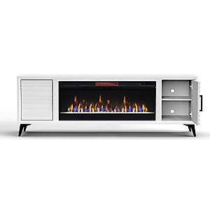 Realcozy Malibu Contemporary Fireplace TV Stand, 78 inches, Accommodates TVs up to 90 inches, Fully Assembled, Poplar Solid Wood, White Finish