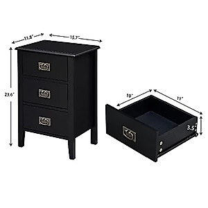 VECELO Nightstands Set of 2 End/Side Tables Living Room Bedroom Bedside, Vintage Accent Furniture Small Space, Solid Wood Legs, Three Drawers, Black