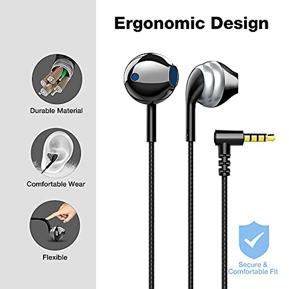 Wired Earbuds with Microphone, Noise Isolating in-Ear Headphones, Earphone Fits 3.5mm Interface for iPad,Mp3/Mp4, Apple iPhone, Android Smartphones (Black)