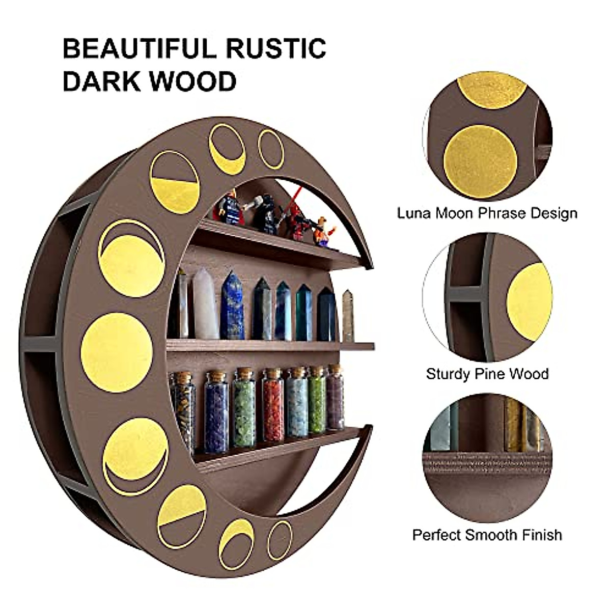 Ella & Emma Crescent Moon Shelf - Moon Wall Decor, Crystal Display Shelf, Hanging Shelf Display, Wooden Moon Shelf, Shelves for Bedroom Aesthetic, Witchy Decor Aesthetic, Wood Shelves - Dark Brown