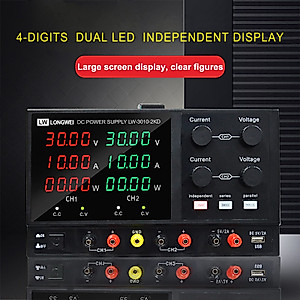 LWLONGWEI DC Power Supply Variable,4 Channels 30V 10A 2 * 300W Adjustable Switching Regulated DC Bench Power Supply with 4-Digits LED Power Display 5V/2A USB/DC Output Black