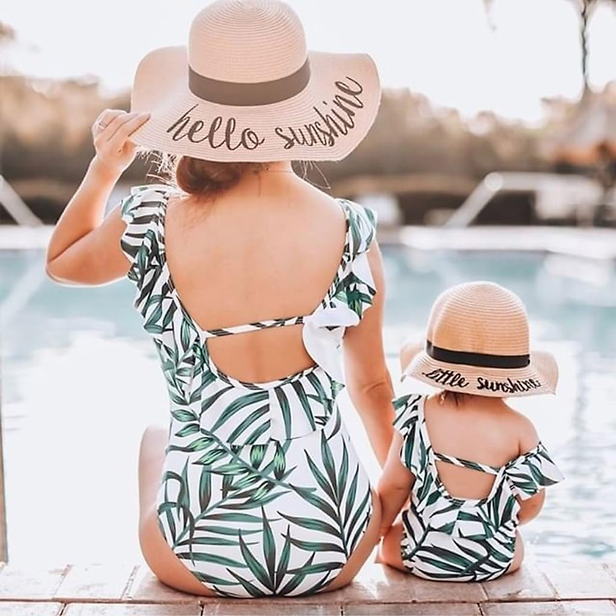 IFFEI Mommy and Me Swimsuit One Piece Leaves Printed Ruffle V Neck Bathing Suits Family Matching Swimwear Green Women: M