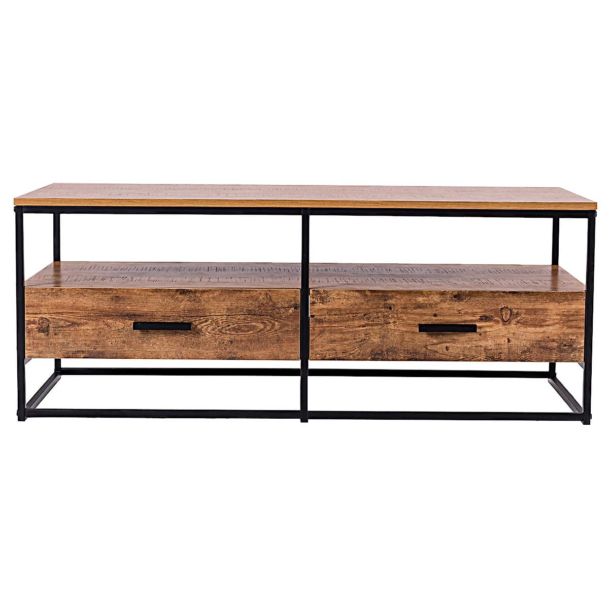 Giantex Coffee Table Two Tiers W/Drawers Storage Metal Solid Frame, Natural Wood Decorative Line Pattern, for Living Room Bedroom Accent Cocktail Sofa Side Table