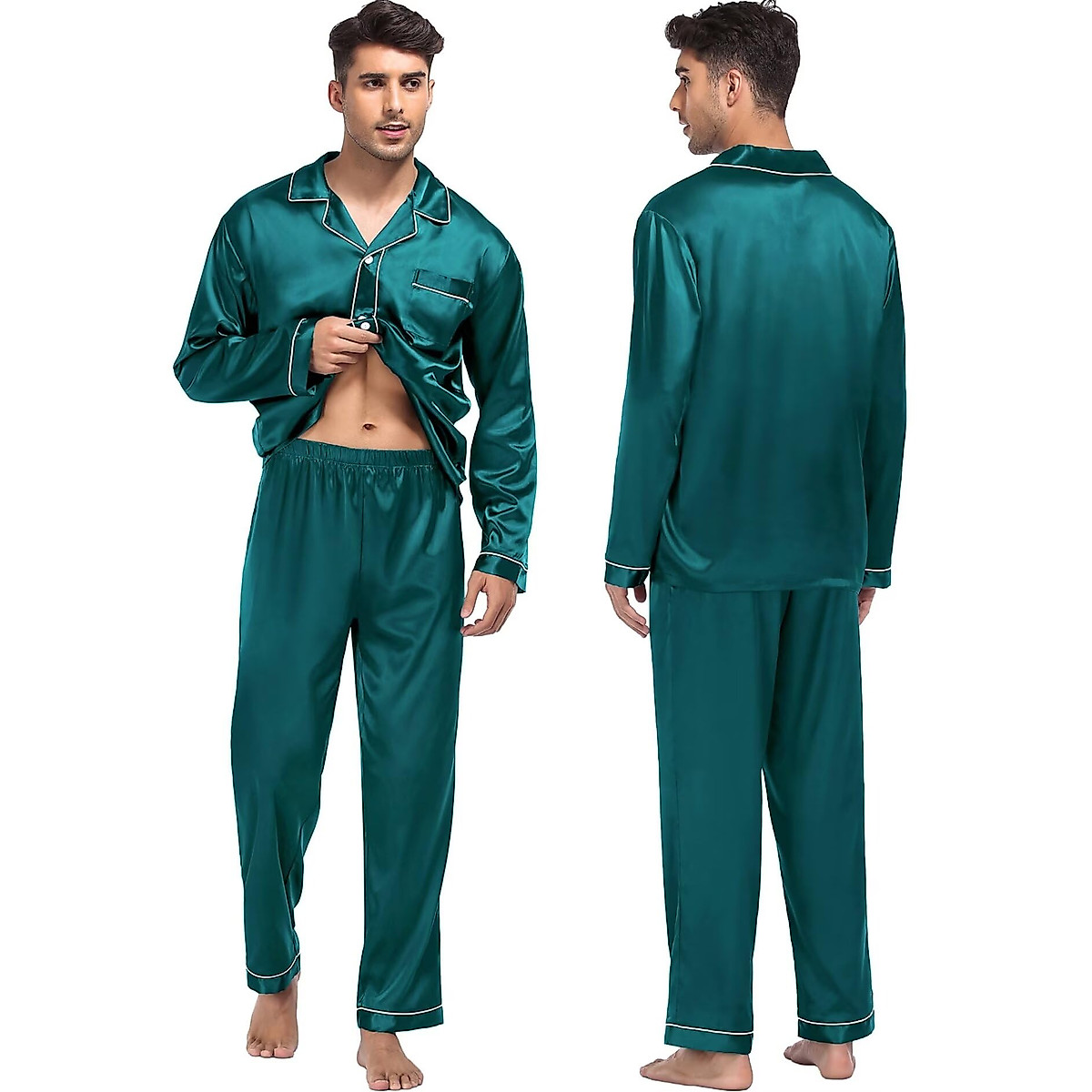 SWOMOG Women & Men Satin Pajamas Set Couple Matching Pajamas Long Sleeve Sleepwear Button Down Loungewear 2 Pcs Pj Set Women Green Medium