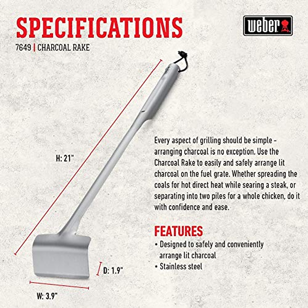 Weber Charcoal Rake, 21in x 3.9in x 1.9in