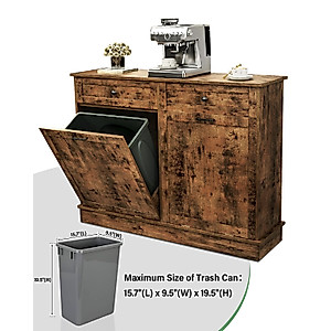 TC-HOMENY Tilt Out Trash Cabinet with Drawer, Free Standing Trash Can Cabinets, Manual and Auto Mode Shutdown Cabinet Door, Recycling Can Cabinet Home, Kitchen, Living Room