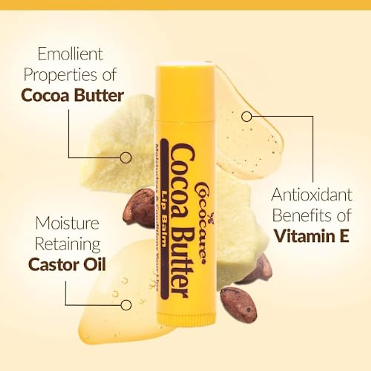 Cococare Cocoa Butter Lip Balm - The Little Yellow Stick Enriched with Natural Cocoa Butter - Conditions & Protects Lips with Hydrating Formula - 0.15oz (Pack of 5)