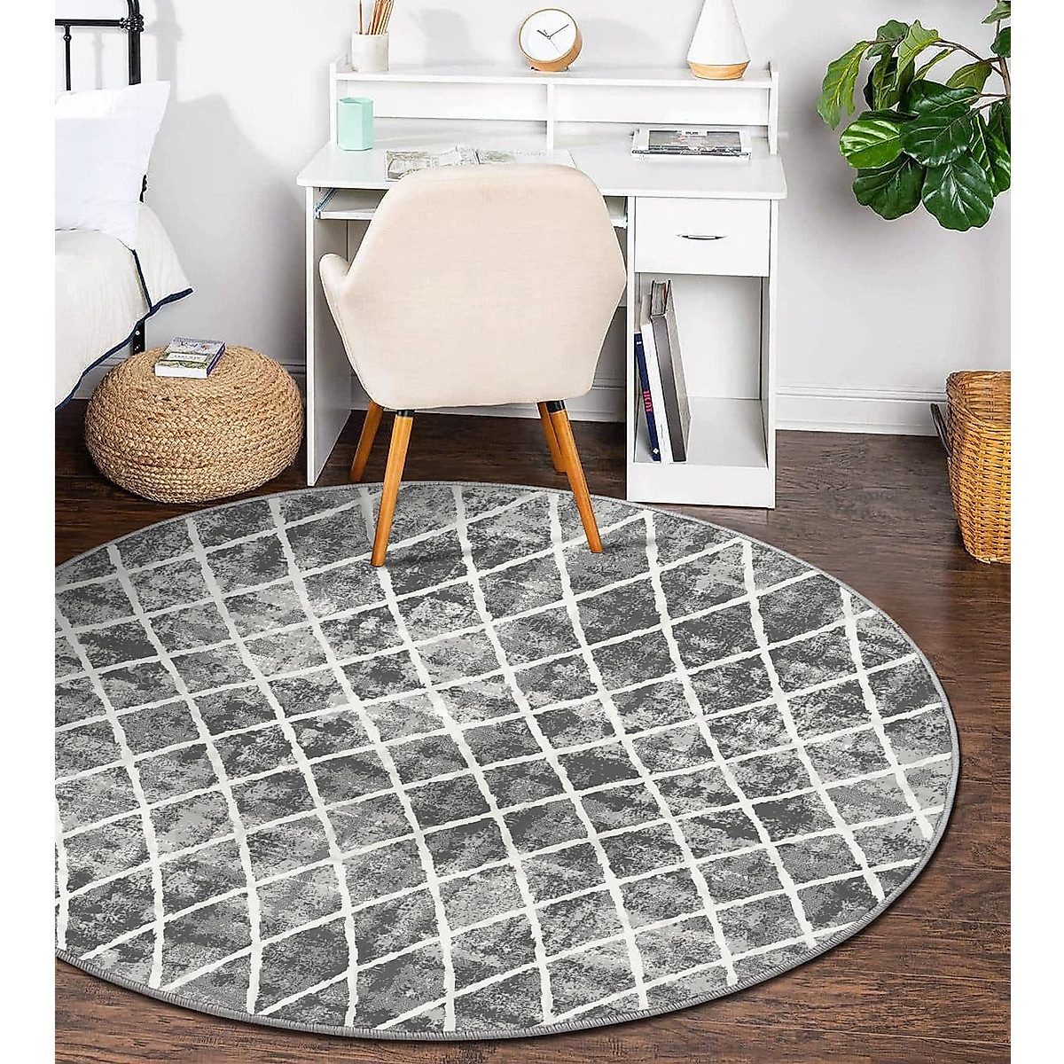Trellis Washable Round Area Rug - Grey 4ft Round Rug Non-Slip Distressed Design Small Bedroom Circle Rug Non-Shedding Sofa Carpet for Bedroom Living Room Kitchen