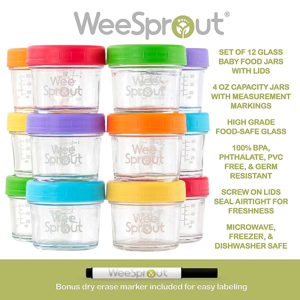 Bundle - 2 Items: WeeSprout 4 oz Glass Baby Food Jars and Small Baby Food Freezer Tray