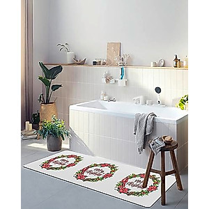 Merry Christmas Bath Mat for Tub,Non Slip Bathroom Floor Runner Rug Quick Dry & Absorbent Diatomaceous Earth Shower Sink Bedroom Kitchen Washable Doormat,Winter Poinsettia Holly Pine Berries 18"x47"